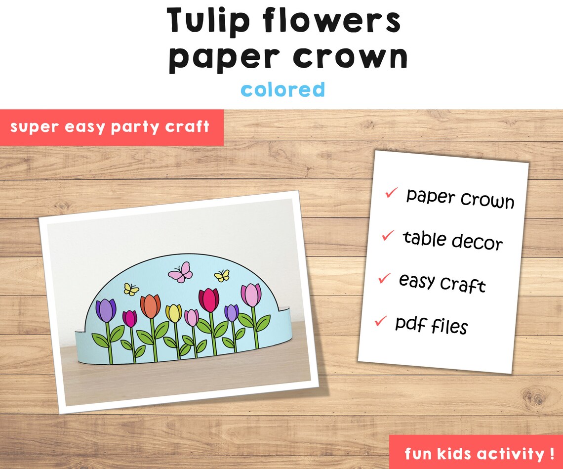 Tulips Flower Paper Crown Party Printable Kids Craft Spring - Etsy