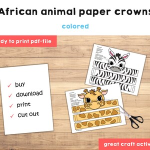 African Safari Animals Paper Crowns Giraffe Hippo Hyena Lion Zebra ...