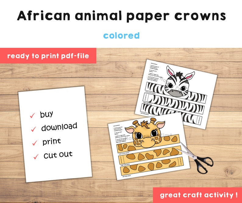African Safari Animals Paper Crowns Giraffe Hippo Hyena Lion Zebra ...