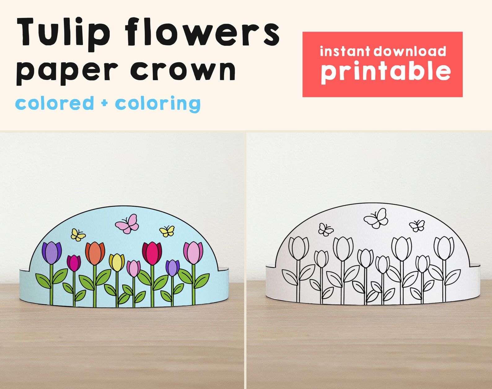 Tulips Flower Paper Crown Party Coloring Printable Kids Craft - Etsy