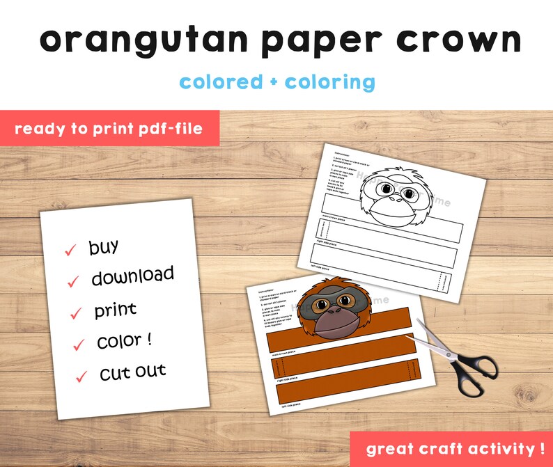 Orangutan Paper Crown Party Coloring Printable Kids Craft - Etsy