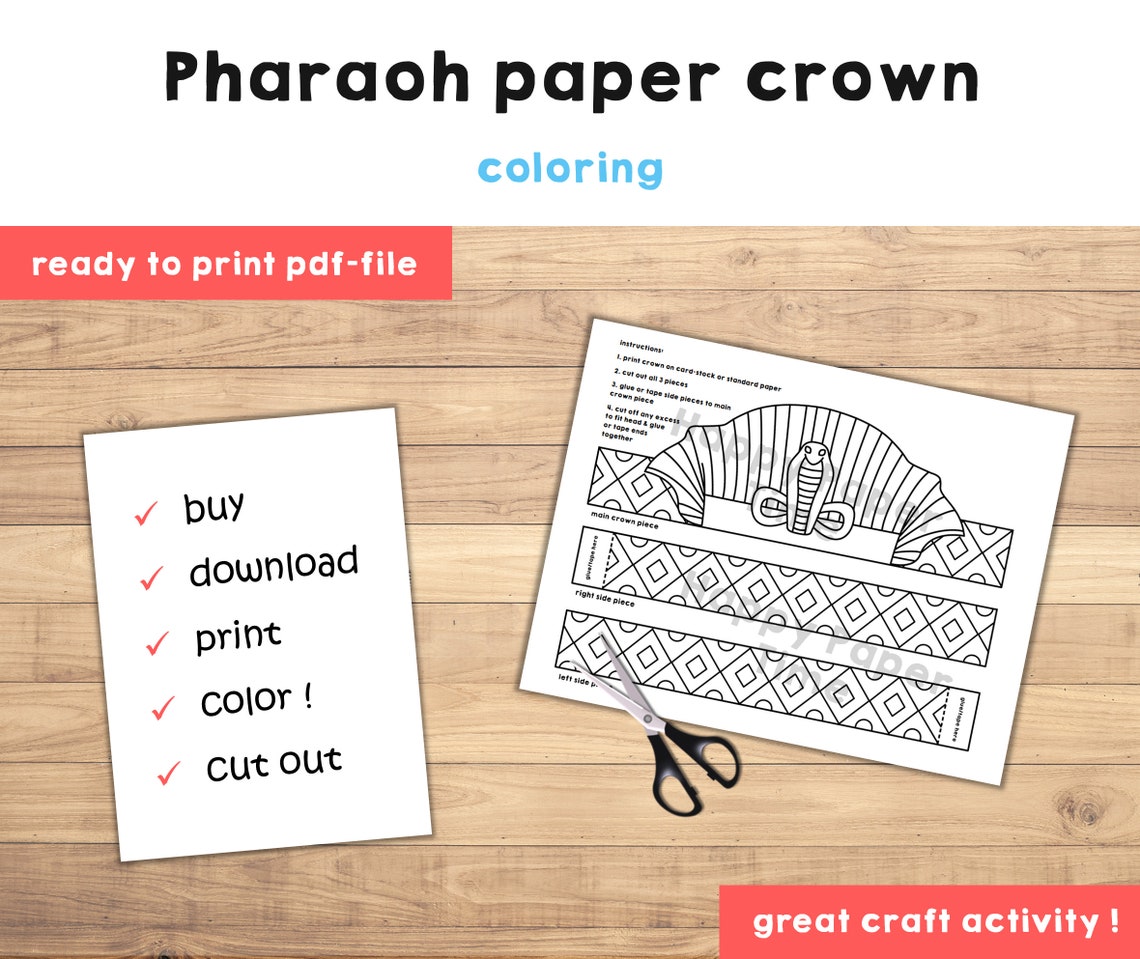 Pharaoh Paper Crown Ancient Egypt Template Party Coloring | Etsy