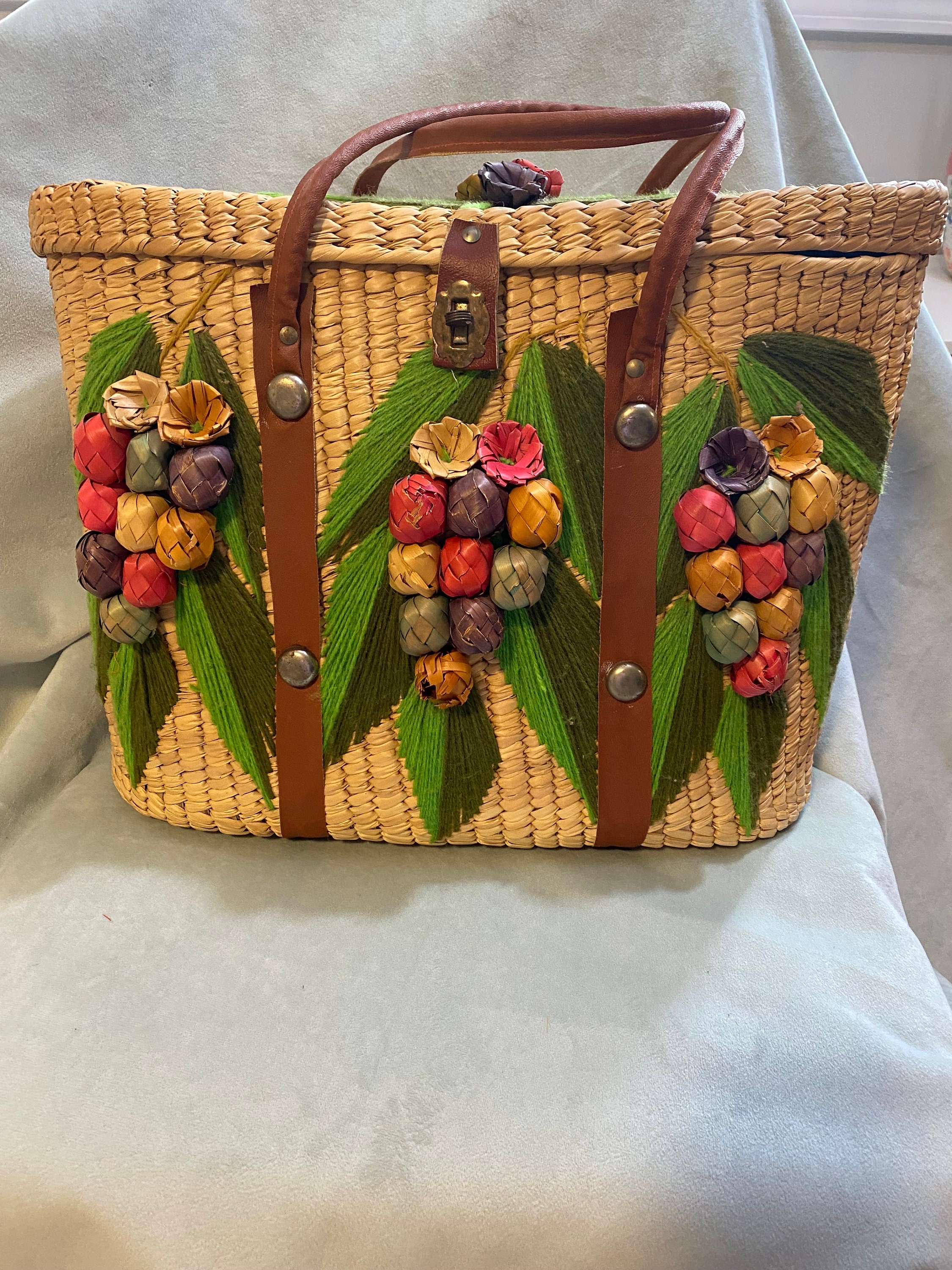 Vintage Souvenir Grape Straw Grape Raffia Wicker Lidded Tote Bag - Etsy