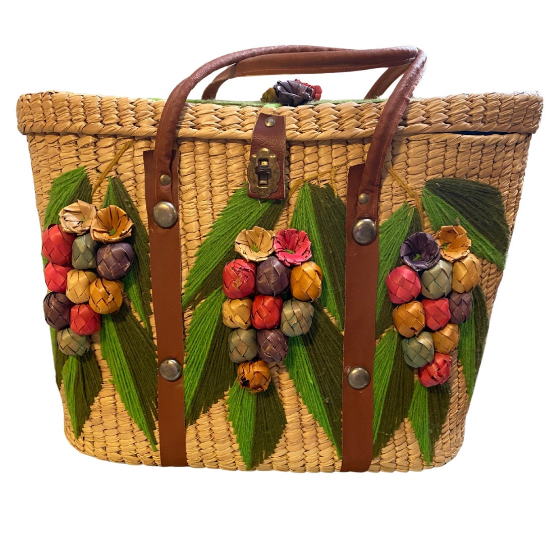 Vintage Souvenir Grape Straw Grape Raffia Wicker Lidded Tote Bag - Etsy