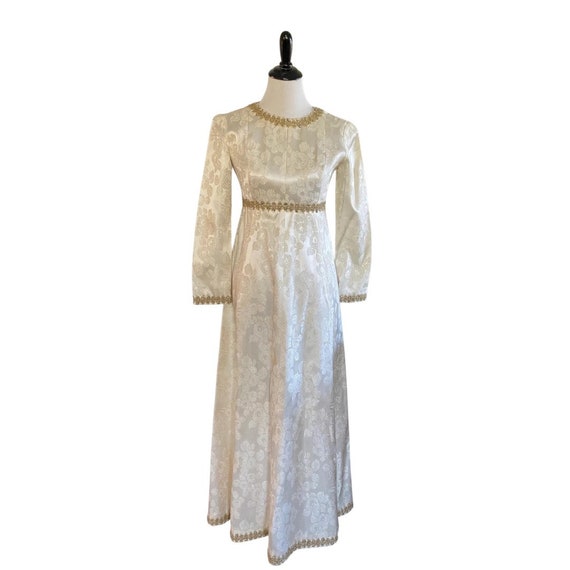 1960s Brocade Bead Trim Empire Waist Formal Maxi Dress - Gem