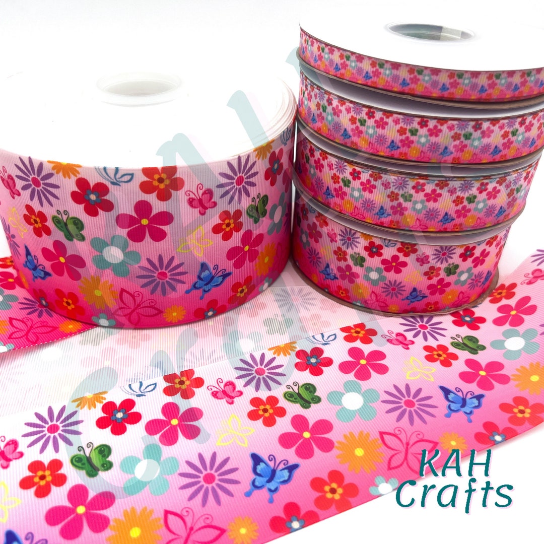 USDR Flowers on Pink Ombre Color Fade Grosgrain Ribbon You Choose Width ...