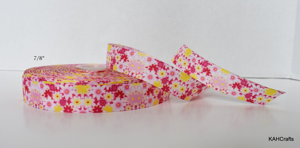 Pink and Yellow Flowers Grosgrain Ribbon You Choose | Etsy