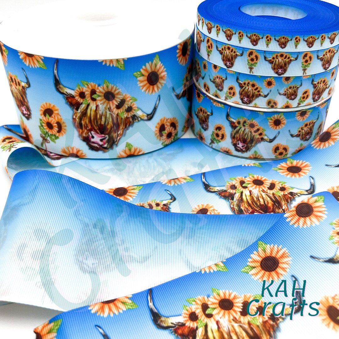 USDR Highland Cow With Sunflowers Ombre Double Sided Grosgrain Ribbon ...