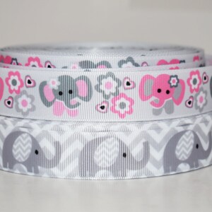Pink Gray Elephant 7/8" Grosgrain Ribbon You Choose - Etsy