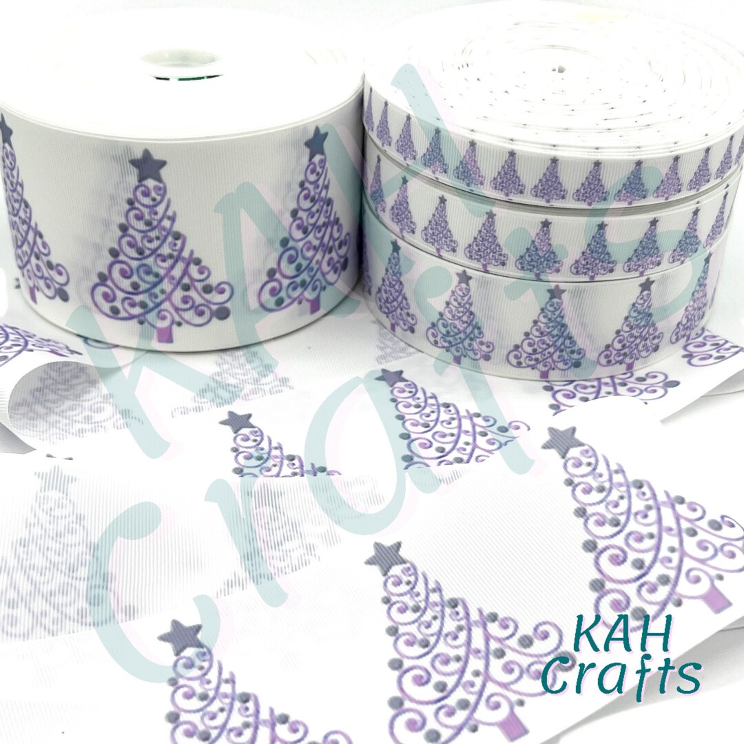 USDR Scroll Christmas Trees Gray Lavender Grosgrain Ribbon You Choose ...