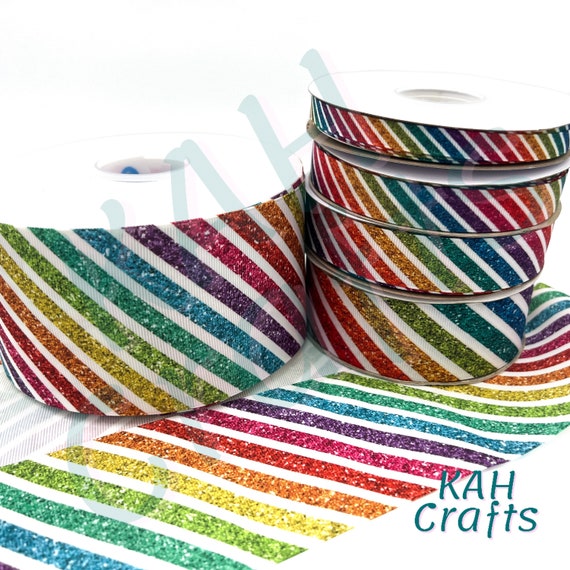 Rainbow Glitter Stripe Look Grosgrain Ribbon You Choose Width - Etsy
