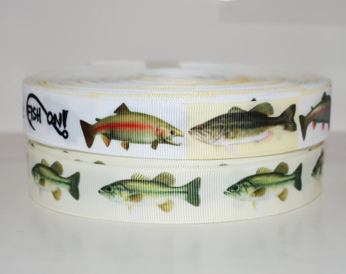 2.5 10 Yards Bass Fish Canvas Wired Ribbon Lake Fish Print Theme Green ...