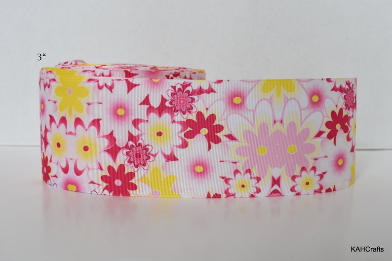 Pink and Yellow Flowers Grosgrain Ribbon You Choose | Etsy