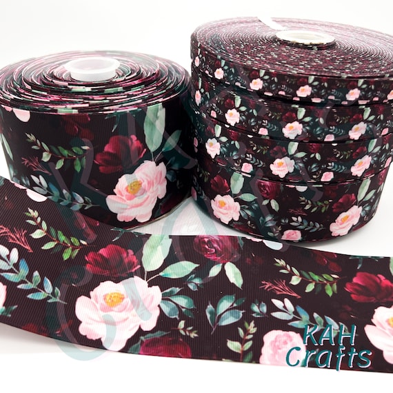 Burgundy Pink Roses Flowers on Black Grosgrain Ribbon You - Etsy