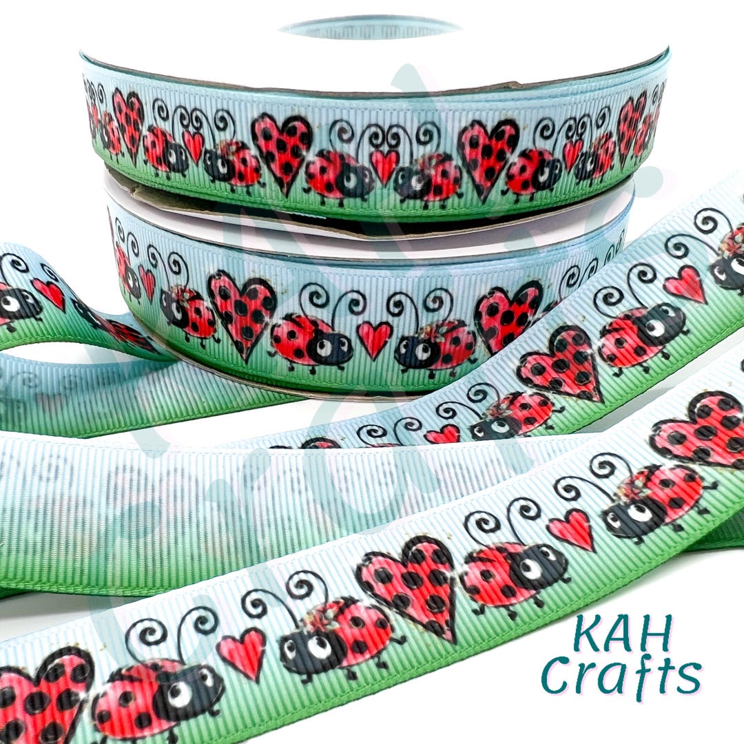 USDR Ladybug on Grass Sky Red Black Dots Double Sided Grosgrain Ribbon ...
