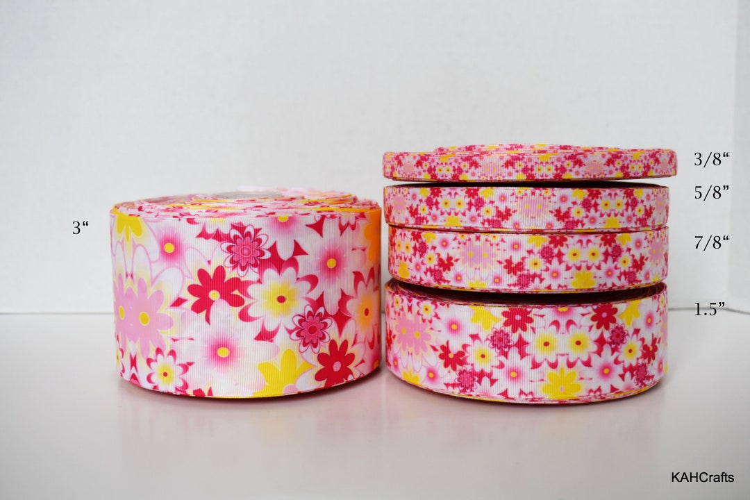 Pink and Yellow Flowers Grosgrain Ribbon You Choose - Etsy