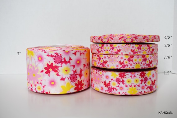 Pink and Yellow Flowers Grosgrain Ribbon You Choose | Etsy