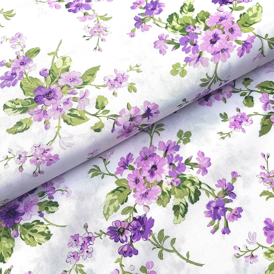 Floral Fabric, Purple Bouquet Lilac Spray, Purple and Green Floral on ...