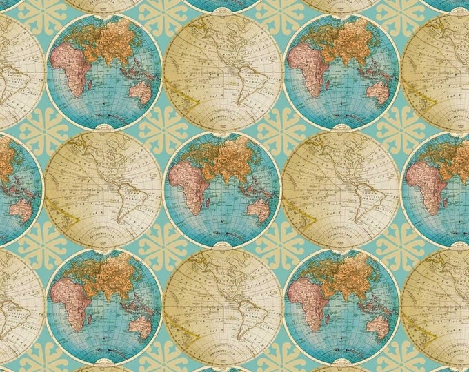Globe Fabric, Vintage Style Map Design, Aqua Cream Tan Brown, Lula ...