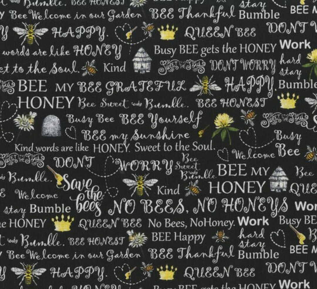 Honey Bee Words Fabric, Chalkboard Style Sayings on Black, Kind Word ...