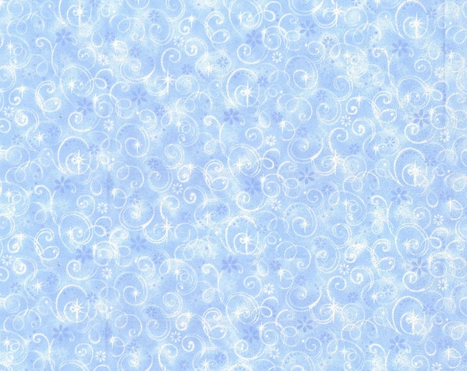 Blue Fabric With Stars and Swirls, Light Blue White With Glitter ...