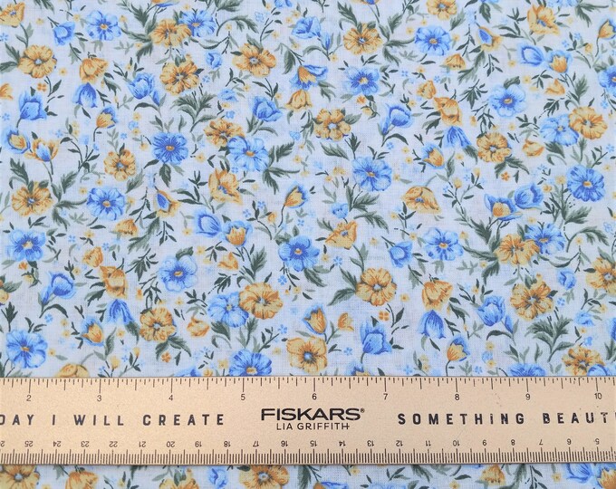 Vintage Calico Fabric, Blue Yellow Floral on Cream, Marcus Bros, 1980s ...