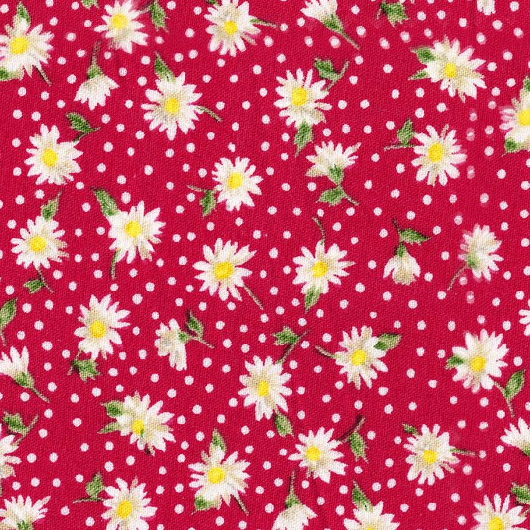 Daisy Print on Red Floral Fabric, Small Daisies and Dots, Dressmaking ...