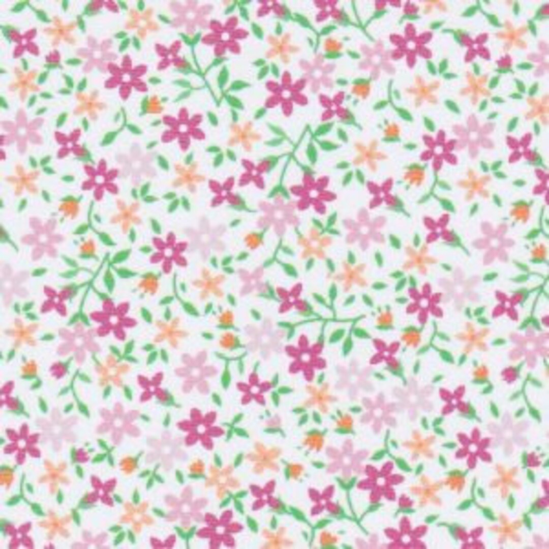 Modern Calico Floral Fabric, Pink Orange Green on White, Small Mini ...