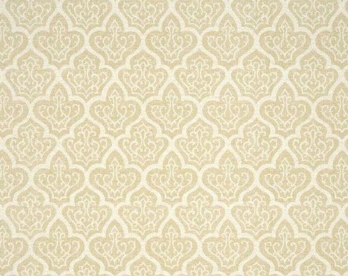 French Damask Pattern Fabric, Ecru Design on White, Bone and White ...