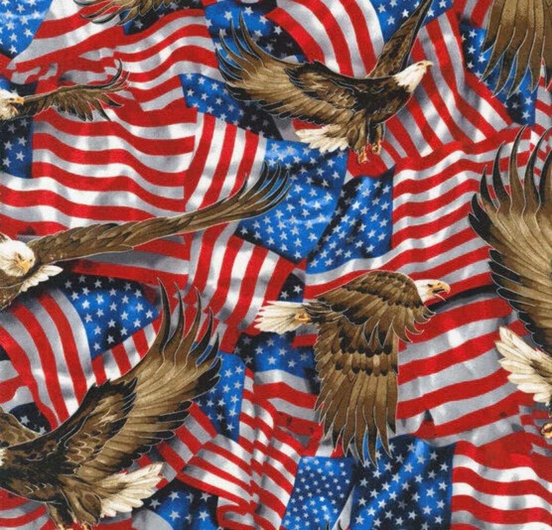 American Eagles Patriotic Fabric, Waving Flags Flying Eagle Wings ...