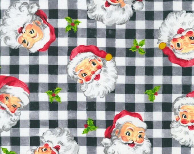 Christmas Jolly Santa Fabric, Santa Heads on Black and White Plaid ...