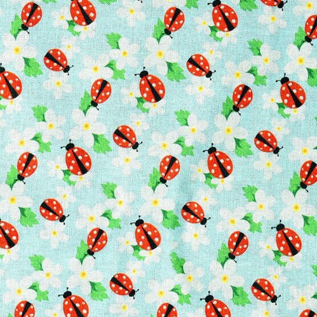 Ladybug Floral Fabric FQ Lady Bugs Daisy on Aqua Small - Etsy