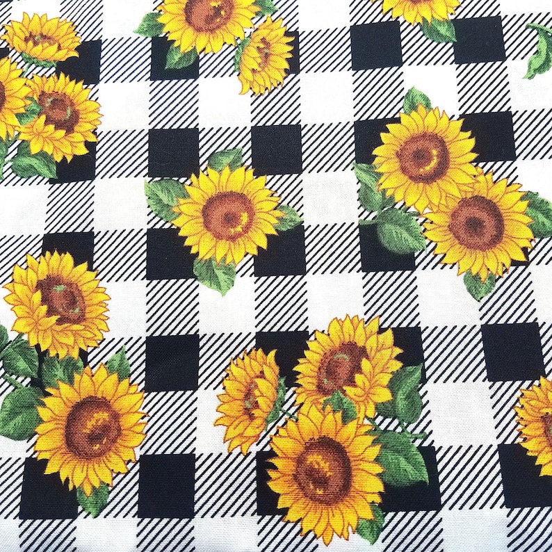 Sunflower Check Fabric, Sunflowers on Gingham, Black White, Scattered ...