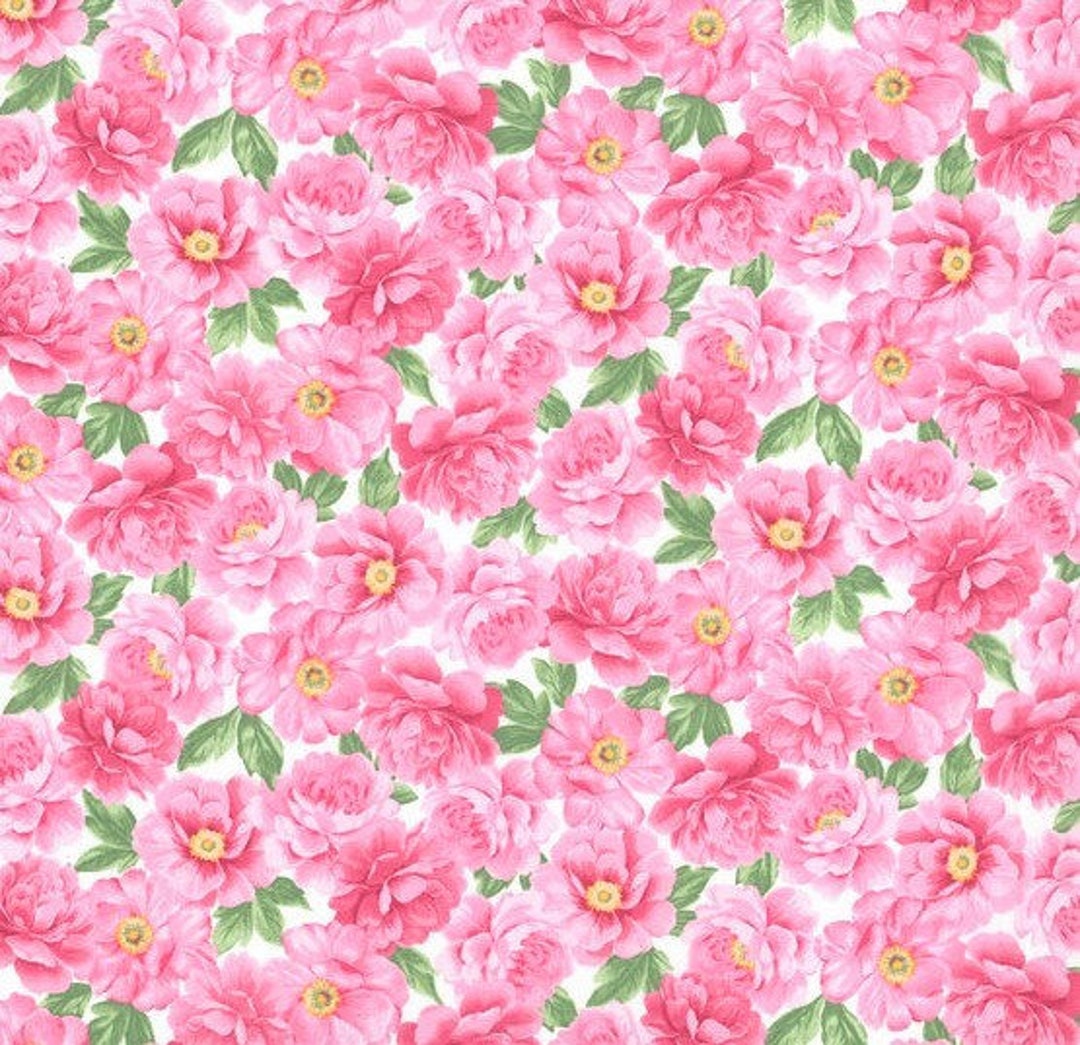 Floral Fabric With Roses, Shades of Pink Rose Floral on White, Large ...