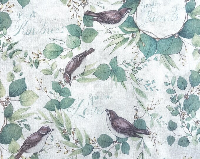 Garden Fabric With Birds, Script Fabric With Sparrows, Grow in Love by ...