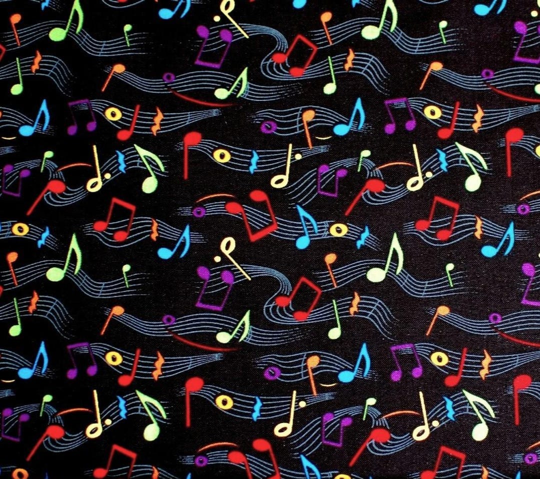 Colorful Music Notes on Black Fabric, Rainbow Musical Notes, All Over ...