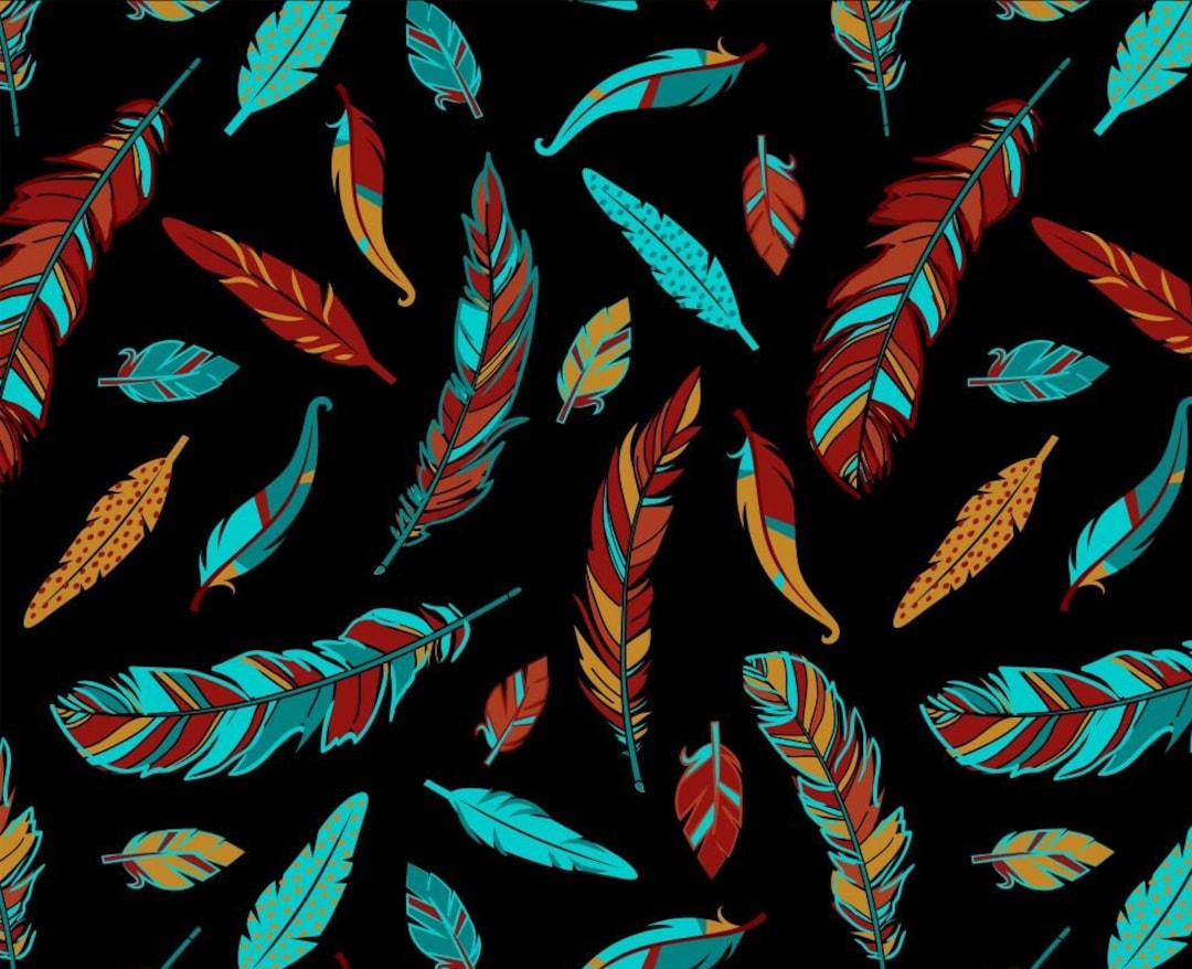 Whimsy Feather Fabric, Native American Feathers, Turquoise Rust Gold ...