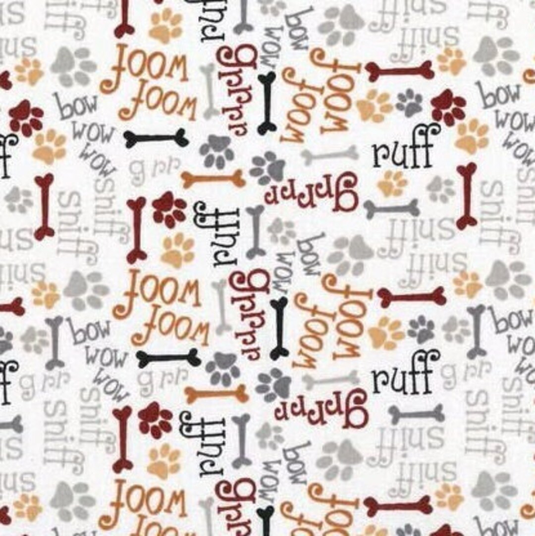 Woof Ruff Dog Words Fabric FQ, Doggie Words Bones, Shades of Brown on ...