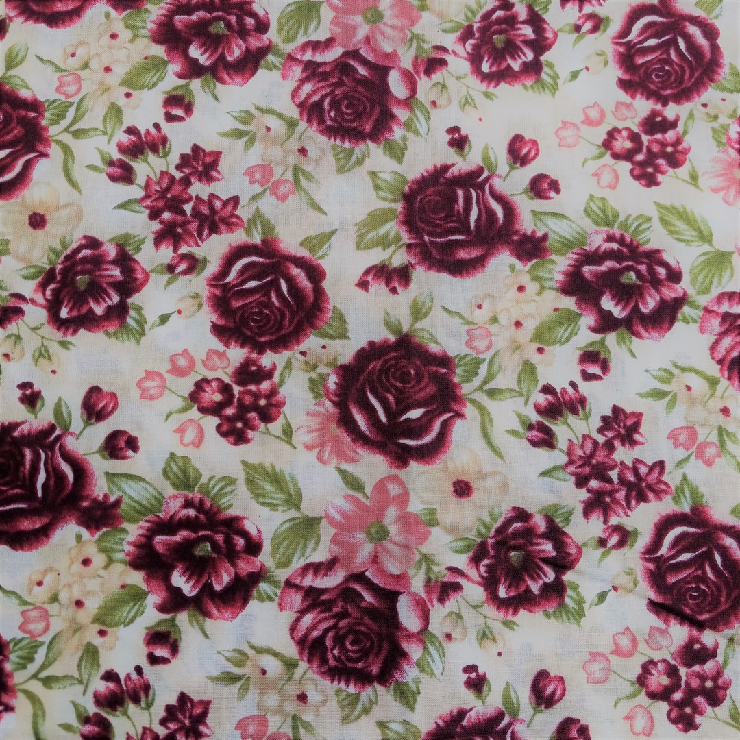 Burgundy Rose Floral Fabric, Roses on Golden Cream, Dogwood, Large Size ...