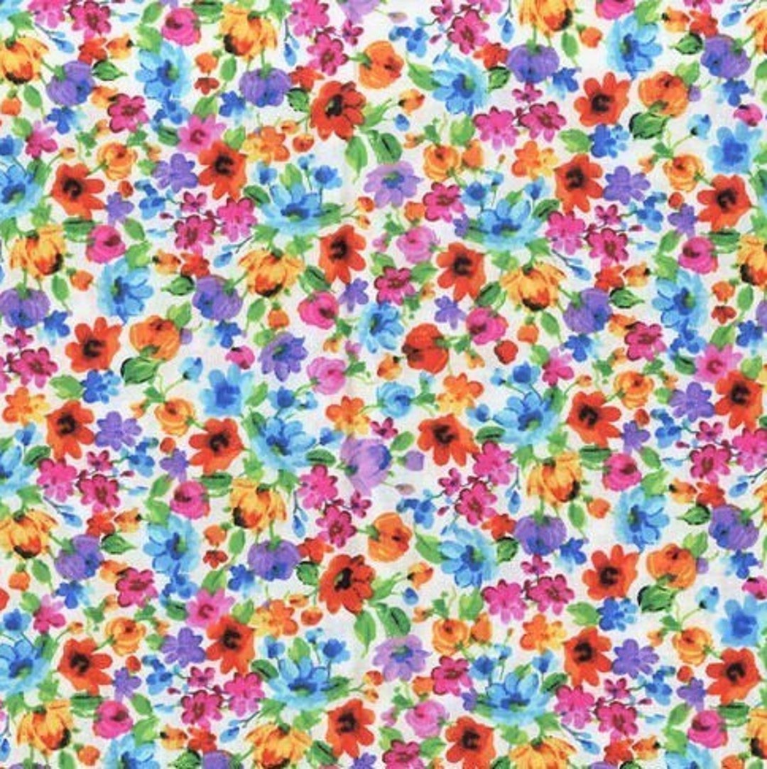 Bright Bold Packed Floral Fabric, Colorful Flower Print on White ...