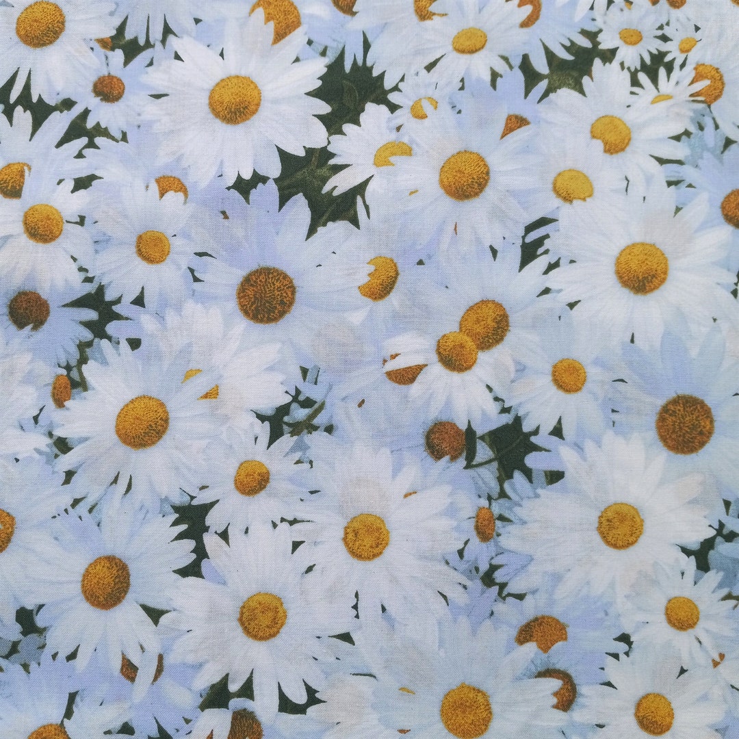 Real Daisy Floral Fabric, Daisies on Green, Packed Large Print, White ...