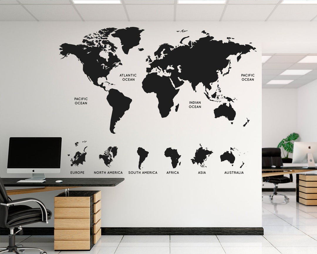 Office World Map, Continents, Map Wall Decal, Map Wall Sticker, Office ...