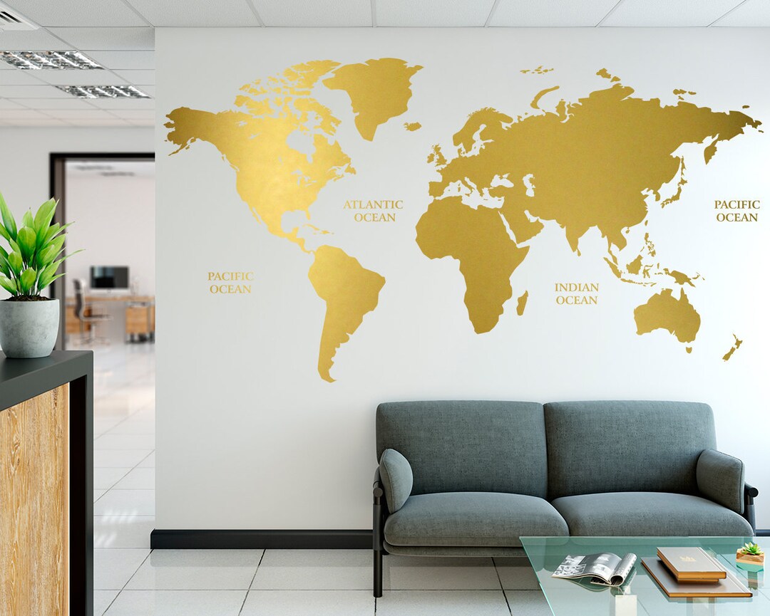 Gold World Map, Wall Decal, Wall Sticker, Home Decor, Office Decor, Map ...