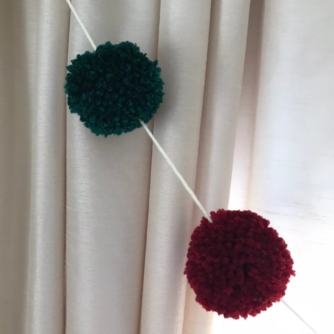 Deep evergreen red and cream colored pom pom garland for | Etsy