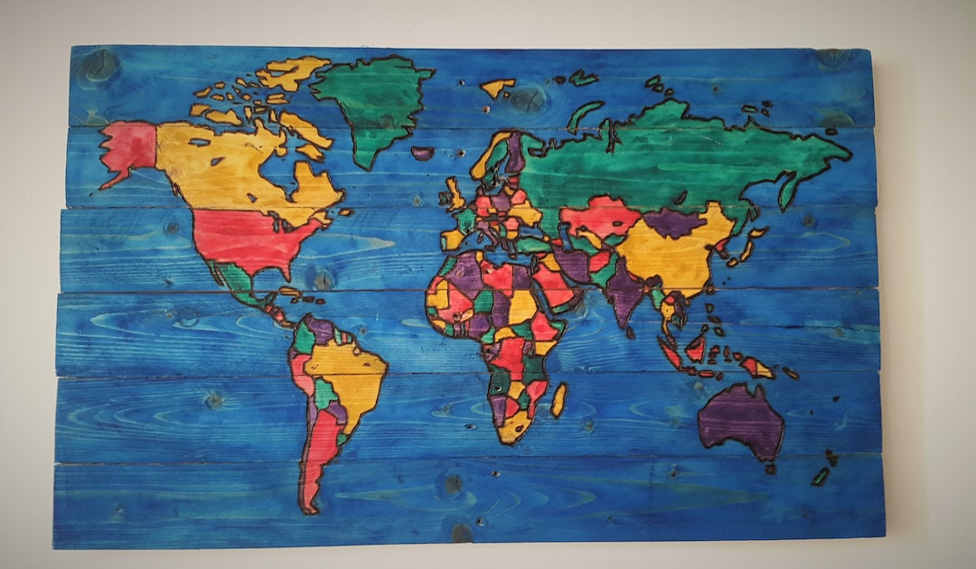 World Map, Burnt Etched Into a Recycled Pallet & Coloured. Upcycled ...
