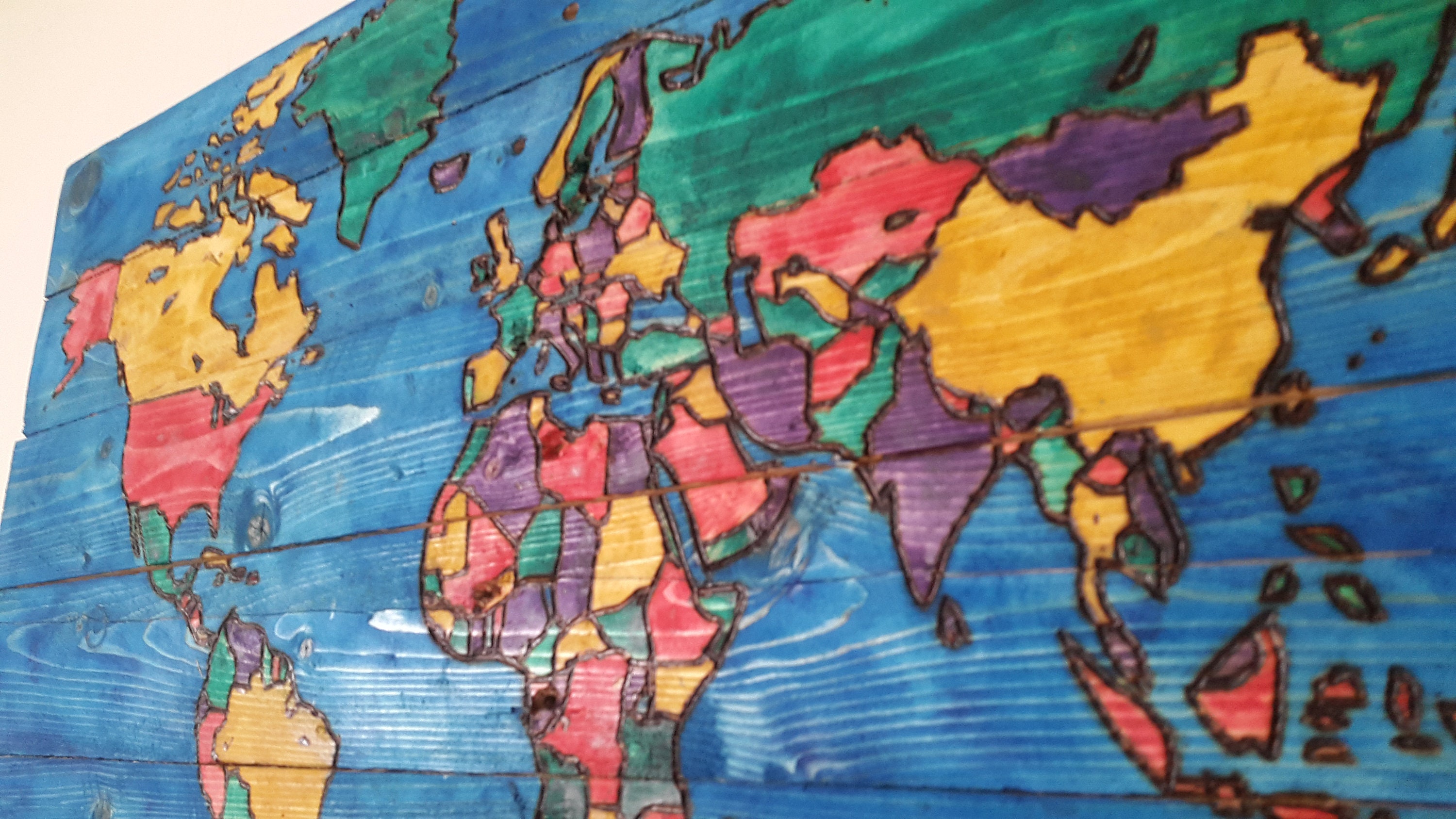 World Map, Burnt Etched Into a Recycled Pallet & Coloured. Upcycled ...