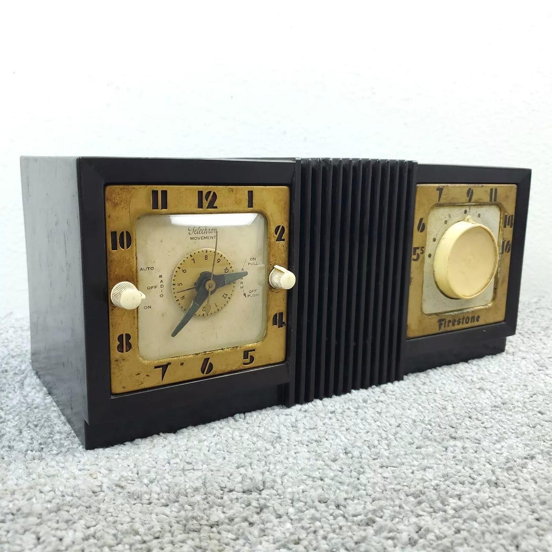 Firestone Tube Radio Clock Telechron Vintage MCM Bakelite Brown Working ...