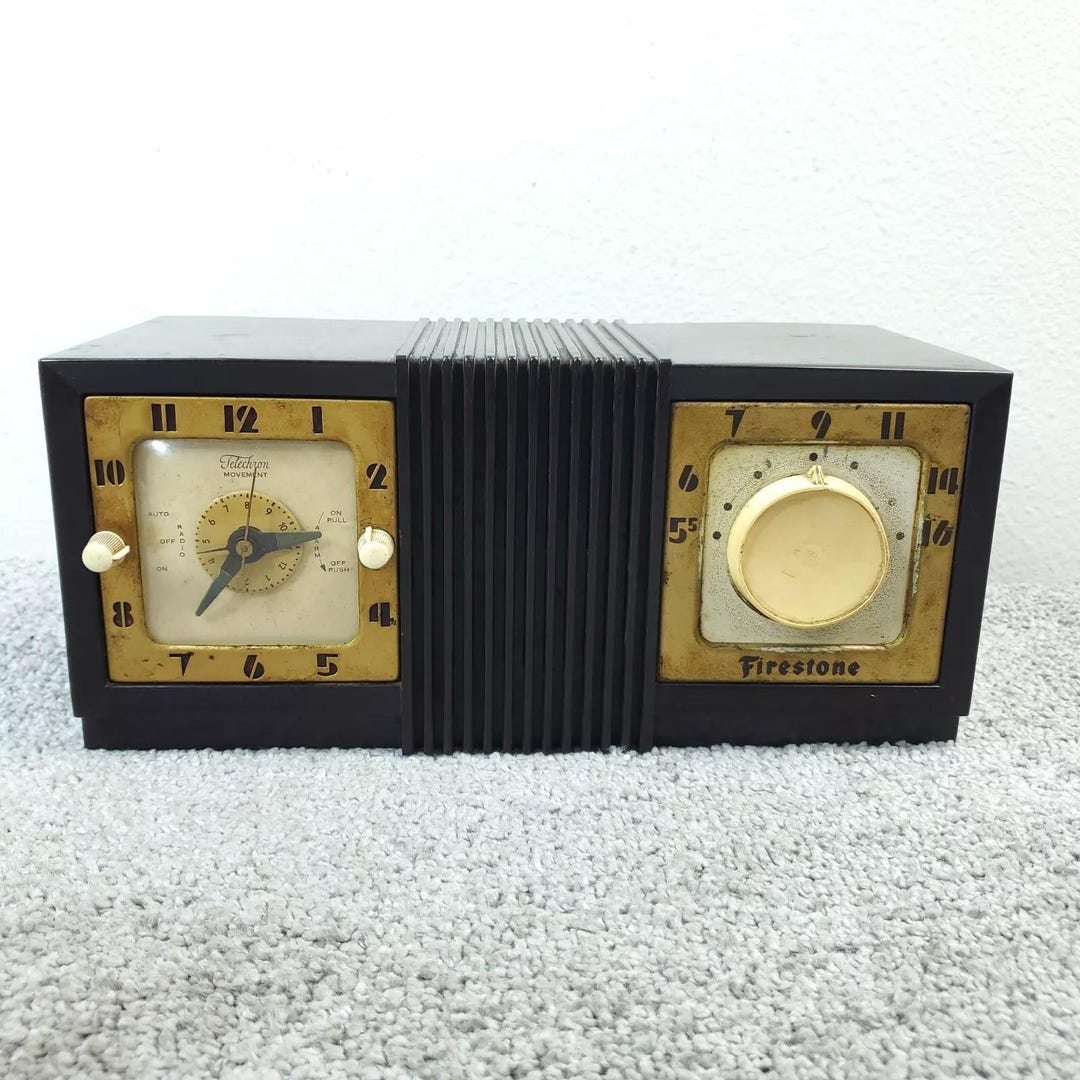Vintage Firestone Tube Radio Clock Telechron MCM Bakelite Brown Tested ...