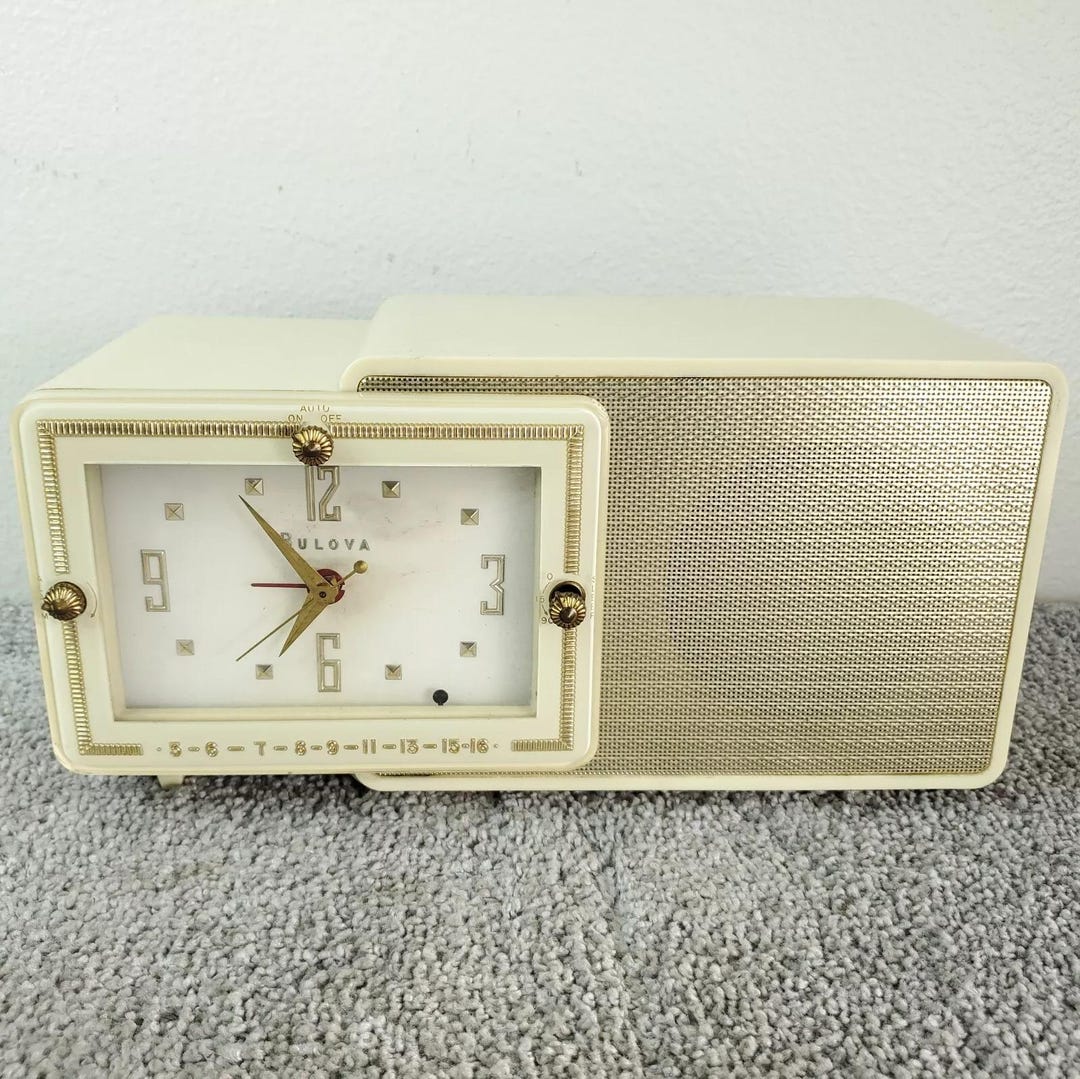 Bulova Tube Radio Model 100 Clock Radio AM White Gold Vintage MCM ...