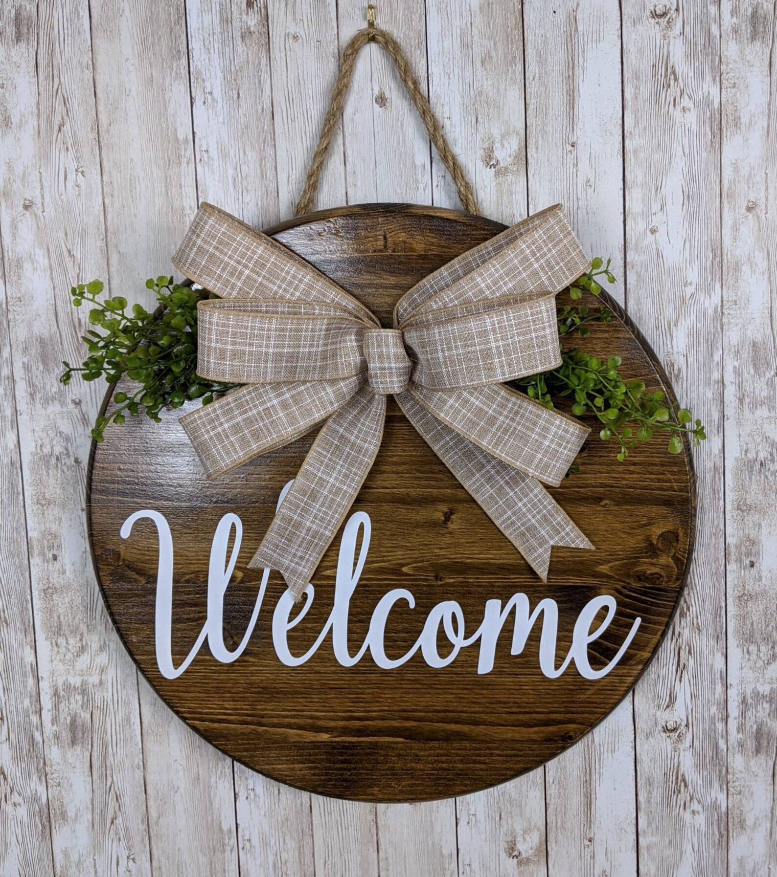 Round Wood Door Hanger Welcome Wreath Farmhouse Wreath - Etsy